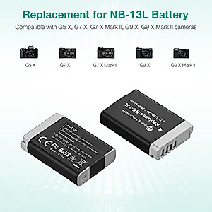 FirstPower 2-Pack NB-13L Battery and Dual USB Charger Compatible with Canon PowerShot G7 X Mark II, G7 X, G1 X Mark III, G5 X, G9 X, G9 X Mark II, SX620 HS, SX720 HS, SX730 HS, SX740 HS