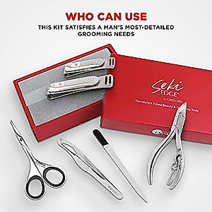 Seki Edge Craftsman Luxury Mens Grooming Kit (SS-3103) - 6 Piece Premium Manicure & Pedicure Nail Kit with Nail Clippers, Nail Nipper, Nose Scissors, Nail File, & Tweezers in Travel Case