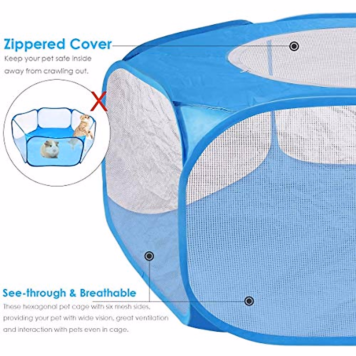 M MAIUS Small Animal Playpen, Pet Cage with Top Cover Anti Escape, Waterproof Small Animal Cage Transparent Yard Fence for Dog Cat Bunny Puppy Rabbits Guinea Pig Hamster Chinchillas Playpen (New Blue)