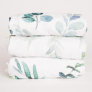 NODNAL CO. 3 Fitted Leafy Mini Crib Pack n Play Playard Portable Crib Sheets Set - 100% Oeko-TEX Cotton Baby Girl/Boy Nursery Bedding - Gender Neutral Floral Leaves Travel Pack and Play Playpen Sheet
