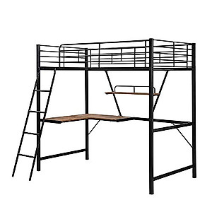 MOEO Twin Size Metal Loft Bed with L-Shaped Desk and Shelf, Bedfram w/Guardrail for Kids, Home, No Spring Box Required, Black