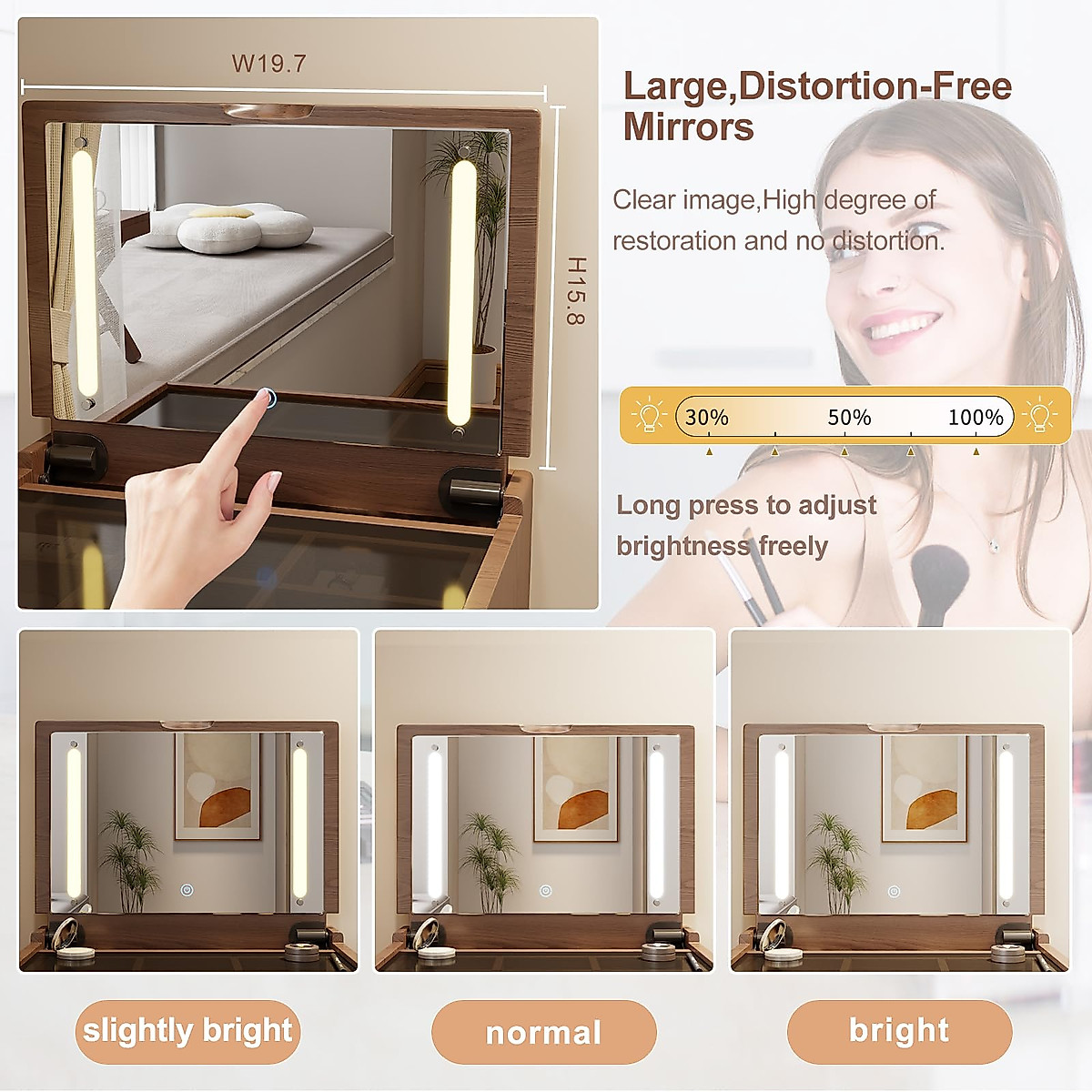 KASLANDI Solid Wood Vanity Desk with Flip Top Mirror & Lights, Small Makeup Vanity with Drawers, 3 Lighting Modes Adjustable Brightness, Vanity Table for Bedroom & Living Room (Walnut)