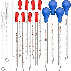 16 Pieces Glass Pipettes Graduated Dropper 2 PCS 10 ml 5 ml 3 ml 2 ml 1 ml 0.5 ml Glass Liquid Dropper with Rubber Caps 2 Pcs 20 cm Glass Stir Rod and 2 Washing Brush for Transfer Liquid Essential Oil
