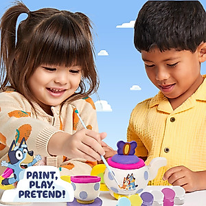 Bluey Paint & Play Tea Party, 6-Piece Wooden Tea Set, Customize with Paint & Bluey Stickers, 2 Wearable Crowns, Fun Toys for Kids, Cute Birthday Party Decorations, Pretend Play Tea Party, Bluey Toys