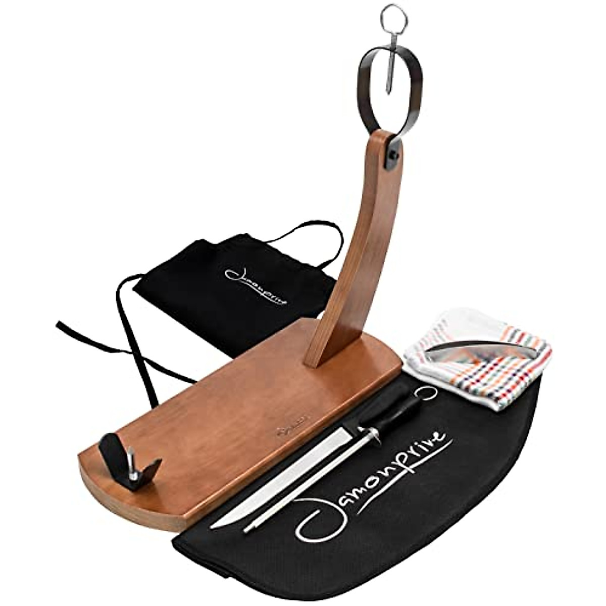 Professional Ham Stand Lacquered with Ham Knife + Sharpening Steel + Ham Cover + Kitchen Cloth + Apron + Tongs - Ham Holder Ideal for Serrano Ham, Iberico Ham and Italian Prosciutto - Jamonprive