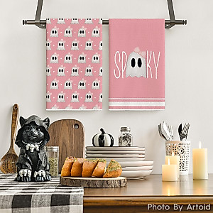 Artoid Mode Pink Ghost Spooky Halloween Kitchen Towels Dish Towels, 18x26 Inch Bow Knot Decoration Hand Towels Set of 2