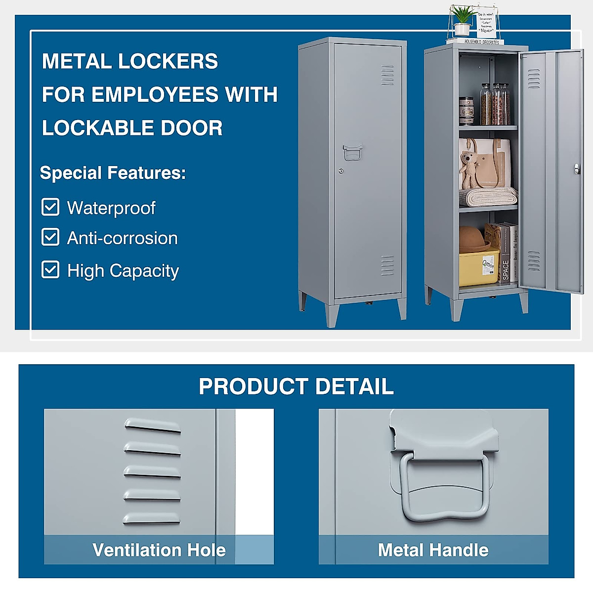 PEUKC Metal Storage Locker, 50" Tall Locker Storage Cabinet for Employees, 3-Tier Storage Cabinet Locker with Lock and Keys for School, Gym, Home, Office Staff (Retro, Assemble Required)