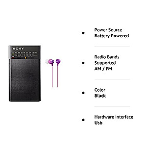 Sony ICFP26 Portable AM/FM Radio (Black) and Color in-Ear Earbud Headphones (Color May Vary) Bundle (2 Items)