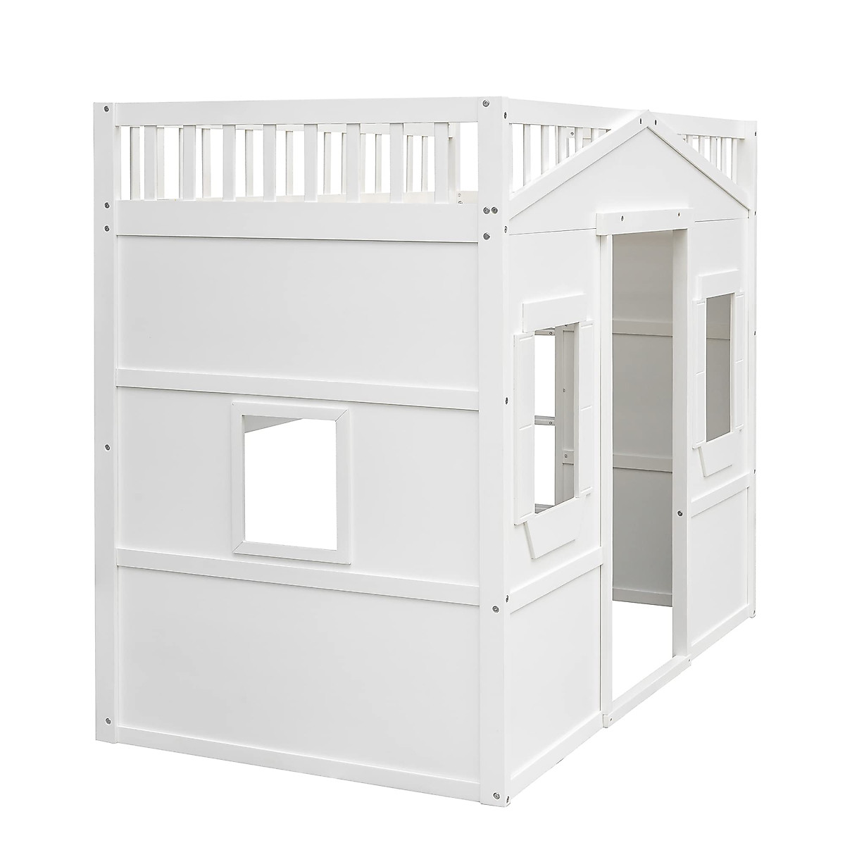 Twin House Loft Bed Frame for Kids, Wood Twin Loft Bed with Windows and Guardrail, Playhouse Bed, Twin Size Loft Bed for Boys & Girls, No Box Spring Needed, Underbed Height is 51 Inches, White