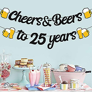 25th Birthday Decorations Cheers to 25 Years Banner for Men Women 25s Birthday Backdrop Wedding Anniversary Party Supplies Black Glitter Decorations Pre Strung