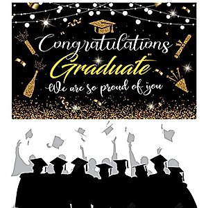 2023 Graduation Party Supplies Graduation Banner Black and Gold Large 71” x 45” Backdrop with Congrats Grad Graduation Decorations Indoor Outdoor
