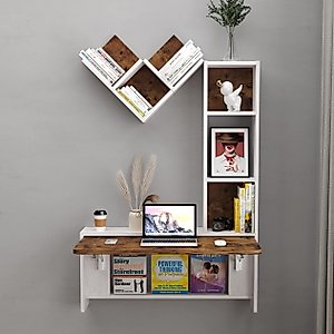 Bixiaomei 33'' Folding Wall Mounted Drop Leaf Table, Foldable Desk with Moveable Cabinets, Floating Laptop with Convertible Storage Shelves, Multifunctional Computer Workstation