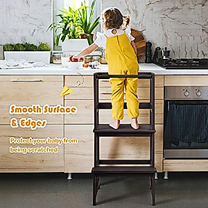 Costzon Kids Kitchen Step Stool with Safety Rail, Toddler Kitchen Stool w/Solid Bamboo Construction, Child Stand Helper for Kitchen Bathroom Living Room, Perfect for Toddler from 18-36 Months (Brown)