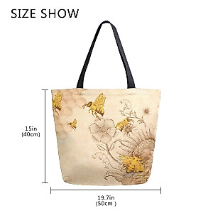 ALAZA Sunflower Bee Retro Large Canvas Tote Bag Shopping Shoulder Handbag with Small Zippered Pocket
