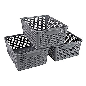 Farmoon Grey Weave Plastic Basket, Plastic Storage Baskets Organizer, 3 Packs