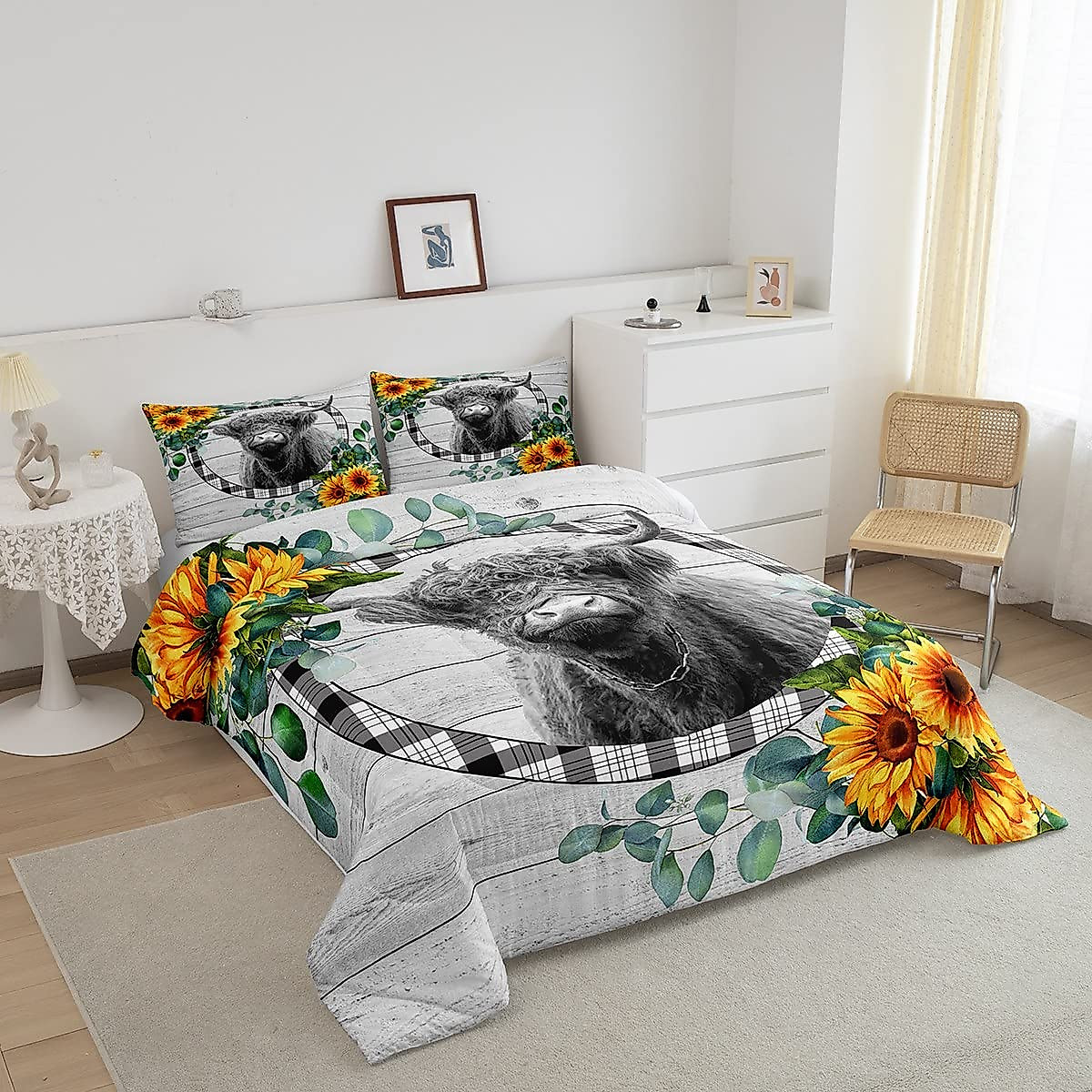 Sunfloral Highland Cow Bedding Set Grey Bull Cattle Comforter Set for Kids Boys Girls Teens Highland Cattle Comforter Funny Farmhouse Duvet Set 3Pcs Queen Size