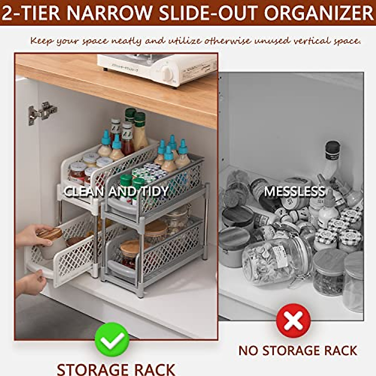 ZOINLIY Pull Out 2-Tier Storage Baskets Organizer with Handles Grey, Narrow Under Sink Organizer for Bathroom Kitchen, Cosmetic Organizer Drawers, Countertop Cabinet Storage Shelf Holder