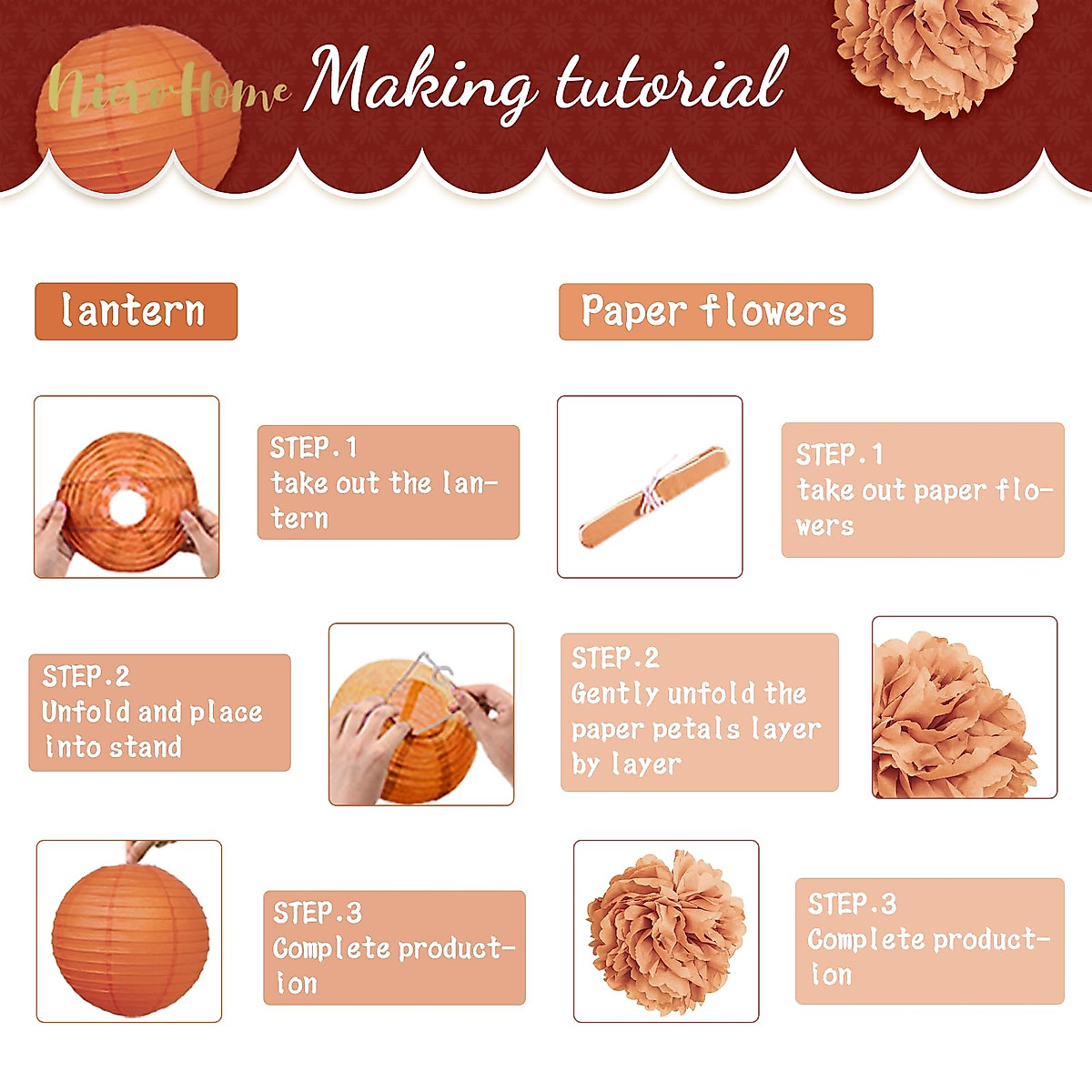 NICROHOME Fall Party Decoration, 12 PCS Carmine Rust Orange Light Brown Tissue Paper Pom Poms and Lanterns for Thanksgiving, Halloween, Retro Party, Classical Wedding, Birthday, Fall Celebration Decor