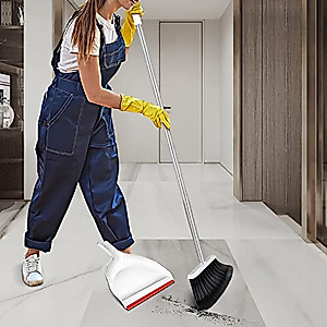 Gadhra Broom and Dustpan Set, Indoor Broom with Dust pan Combo Set, Handheld Dust Pan and Long Handle Angle Broom, Stainless Steel Handle Broom for Home, Kitchen, Office Lobby Floor White and Red