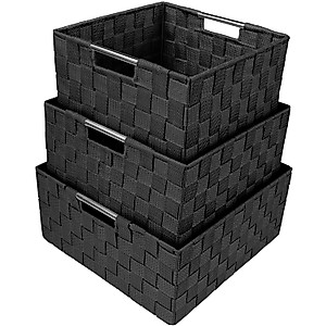 Sorbus Storage Box Woven Basket Bin Container Tote Cube Organizer Set Stackable Storage Basket Woven Strap Shelf Organizer Built-In Carry Handles (Black)