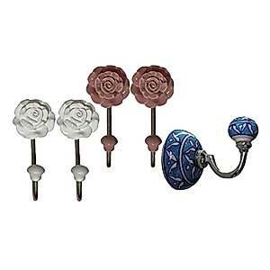 PARIJAT HANDICRAFT 5 Pcs Set Ceramic Coat Hook Towel Hanger for Bathroom Home and Office Pink Blue White