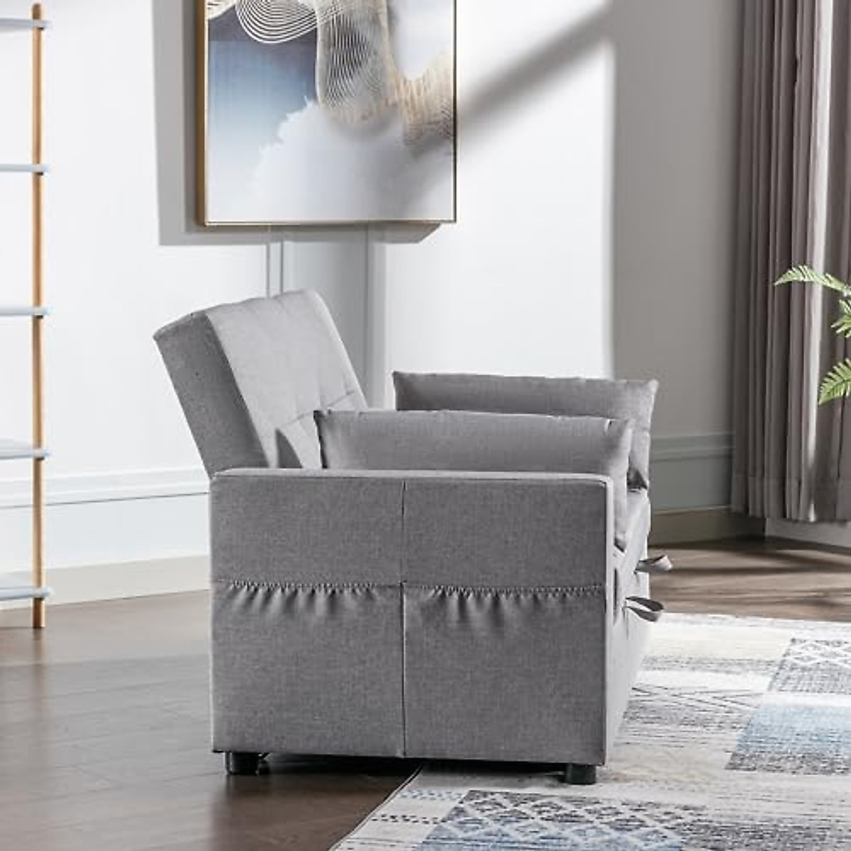 Haplized Loveseat Sleeper Sofa Bed, Light Grey Linen Fabric Convertible Sleeper Sofa with Pull-Out Couch Bed & Adjustable Cushions Backrest, Reclining Loveseat with Side Pocket for Living Room