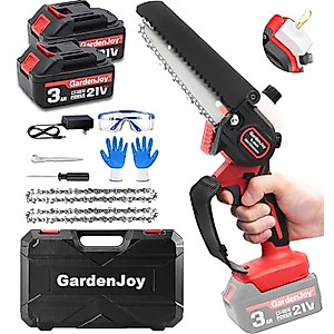 Mini Chainsaw 6-Inch Battery Powered - GardenJoy Cordless Power Handheld Chainsaw with 2 Batteries and Fast Charger, 21V Portable Small Electric Chain Saws for Tree Trimming Wood Cutting