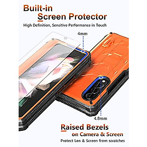BXYJY for Samsung Galaxy Z Fold 3 Case with S Pen Holder, Built-in Kickstand/HD Screen Protector/Camera & Hinge Protection, 360° Protection Phone Case Cover for Samsung Galaxy Z Fold 3 5g (Orange)