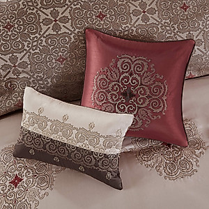 Madison Park Essentials Delaney 24-Piece Room In A Bag Comforter Set-Satin Jacquard, All Season Luxury Bedding, Sheets, decorative pillows and Curtains, Valance, Cal King(104"x92"), Medallion Red