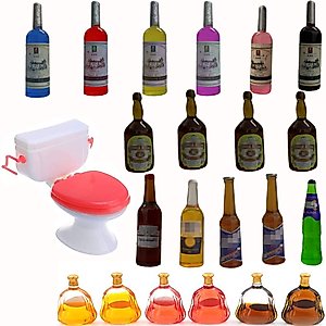 MEMOVAN Toilet Cake Topper 1PC and Miniature Wine Bottles Cake Cupcake Toppers 21PCS, Funny Mini Toilet Toy Dollhouse Cake Decorations for Bachelorette Party Or Birthday 21 and Up Girl Party
