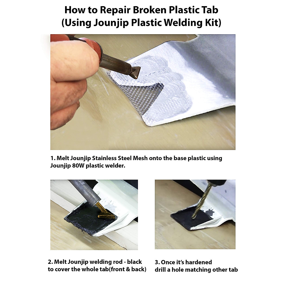 JOUNJIP PolyPlaz Welding Rods + Wire Mesh - Includes a 40-Pack of Black PolyPlaz Flat Ribbon Welding Rods and a 2-Pack of Reinforcing Stainless Steel Mesh - For Use With Jounjip Plastic Welding Kit