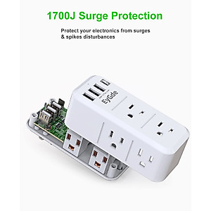 EyGde Multi Plug Outlet Extender Surge Protector 1700J, Wall Power Strip with Rotating Plug & 4 USB Charging Ports (1 USB C) +2 Prong Power Strip with Surge Protector 1700J, EyGde Multi Plug Outlet