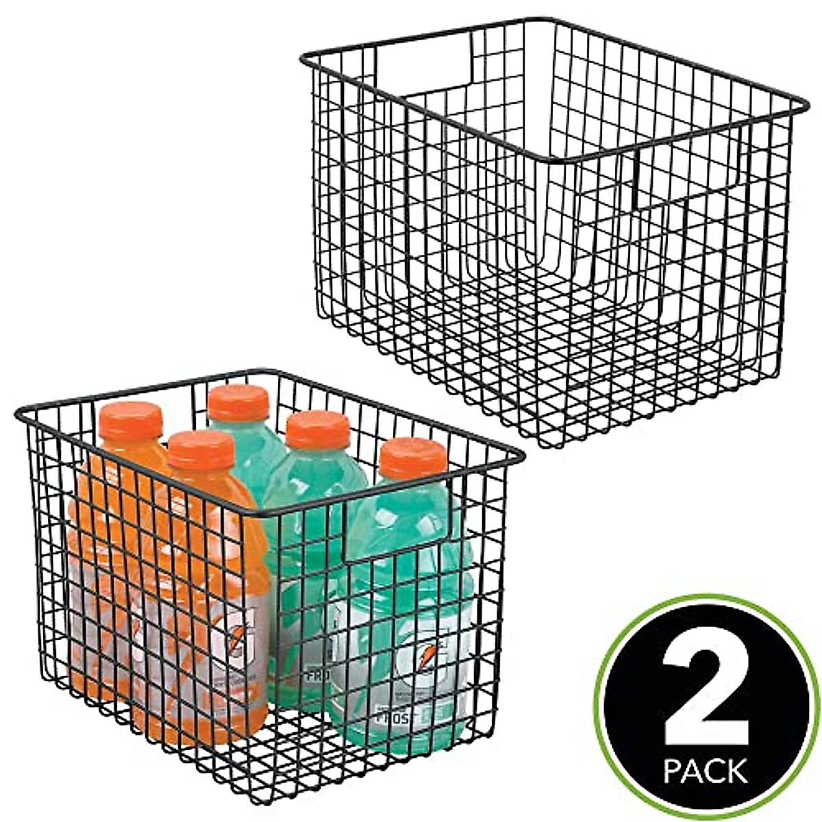 mDesign Metal Wire Food Storage Basket Organizer with Handles for Organizing Kitchen Cabinets, Pantry Shelf, Bathroom, Laundry Room, Closets, Garage - Concerto Collection - 2 Pack - Black