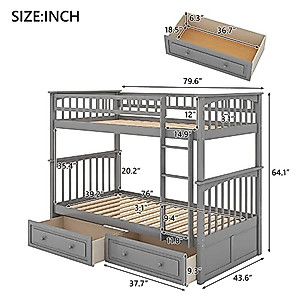 Harper & Bright Designs Bunk Beds Twin Over Twin with Storage, Twin Bunk Beds with 2 Drawers, Wooden Storage Bunk Bed with Safety Rail and Ladder,Can be Convertible to 2 Beds,Grey