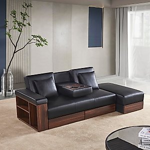 Multi-Functional Sectional Sofa Couch Convertible PU Leather Futon Sofa Sleeper Bed w/Storage Box,Cup Holder,Side 2-Tier Storage Rack, Modern Wood Modular Sofa Couch for Living Room,Black