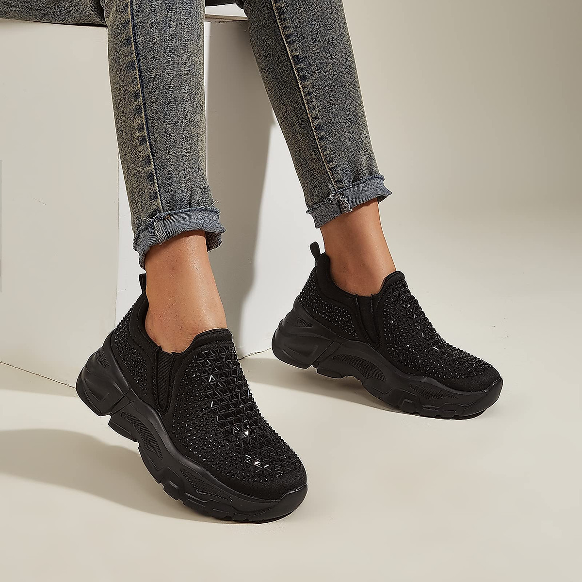 LUCKY STEP Women Rhinestone Chunky Sneaker Platform Sparkly Elastic Slip On Walking Shoes(Black Rhinestone,7.5 B(M) US)