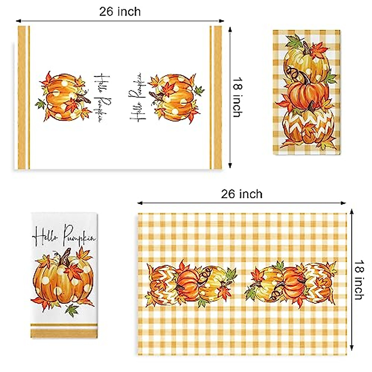 Seliem Fall Hello Pumpkin Patch Kitchen Dish Towels Set of 2, Autumn Maple Leaves Hand Towels Buffalo Plaid Check Drying Baking Cooking Cloth, Farmhouse Thanksgiving Home Kitchen Decor 18x26 Inch