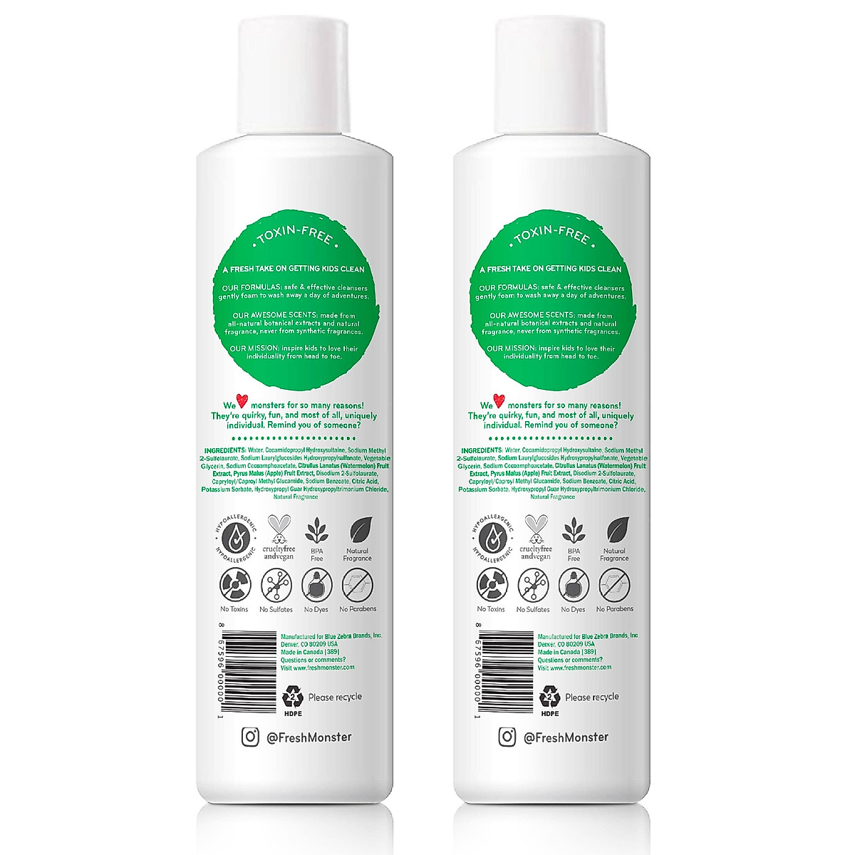 Fresh Monster 2-in-1 Kids Shampoo & Conditioner, Toxin-Free, Hypoallergenic, Tear-free Shampoo & Conditioner for Kids, Watermelon (2 Pack, 8.5oz/each)