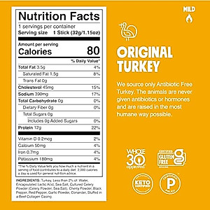 Chomps Original Turkey Jerky Meat Snack Sticks 10-Pack - Keto, Paleo, Low Carb, Whole30 Approved, 12g Lean Meat Protein, Gluten Free, Antibiotic Free, Zero Sugar Food