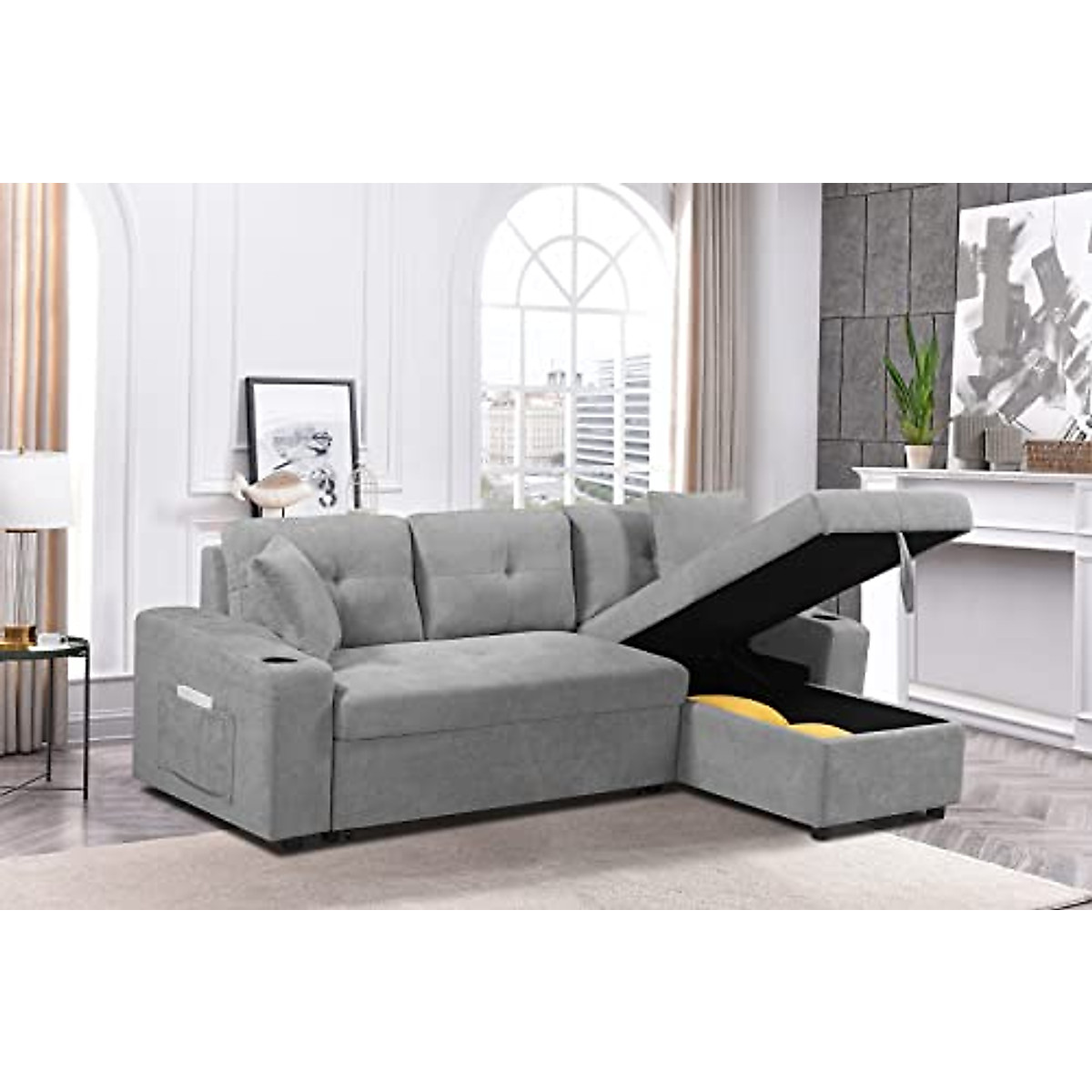 Eafurn L-Shaped Convertible Sleeper Sectional Sofa Couch Bed w/Chaise Lounge & Cup Holders, Reversible Corner Couch w/Pull Out Bed& Storage, 4 Seater Tufted Pullout Sofabed for Living Room Office