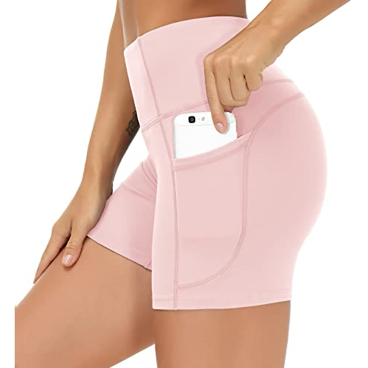 THE GYM PEOPLE High Waist Yoga Shorts for Women's Tummy Control Fitness Athletic Workout Running Shorts with Deep Pockets (Medium, Pink)
