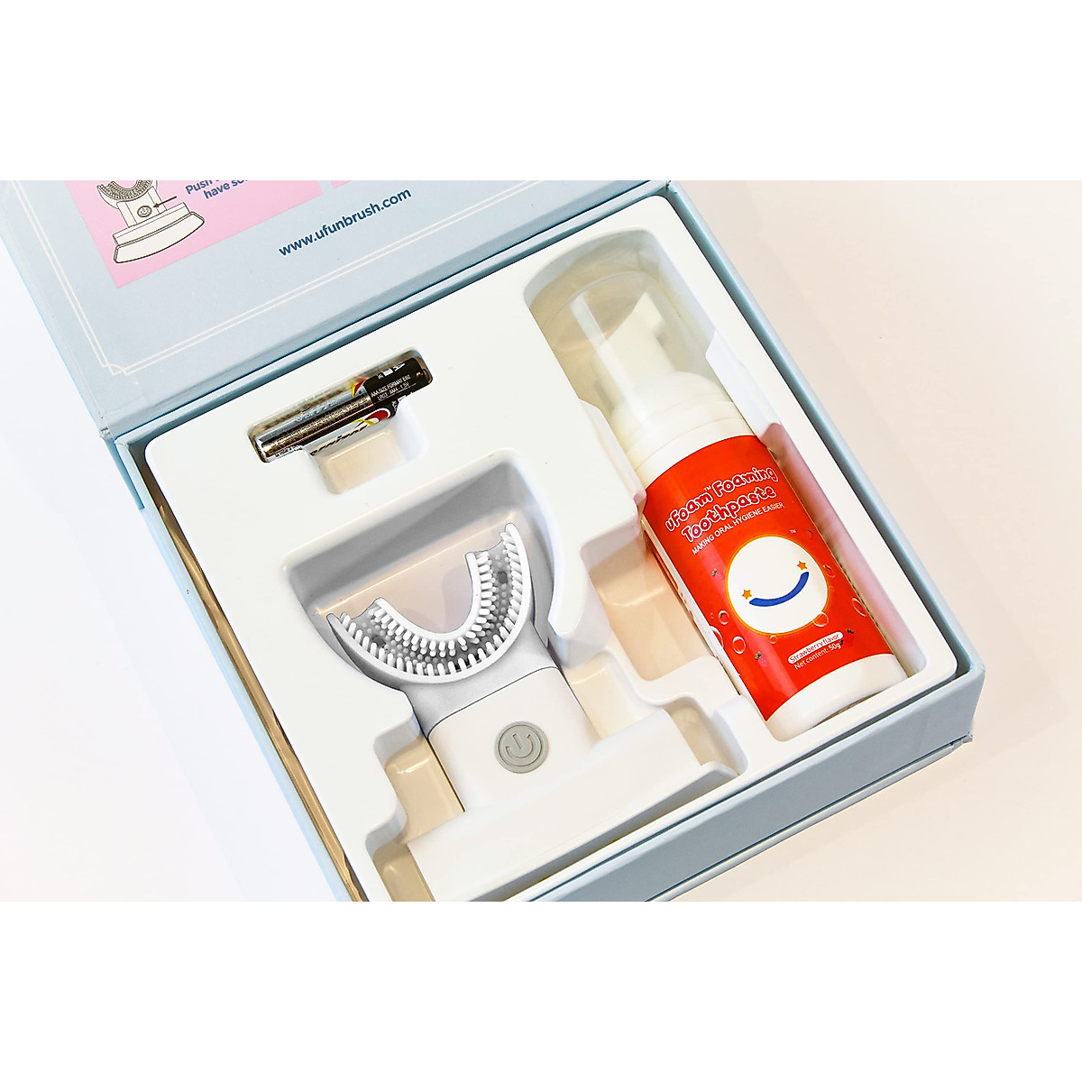 Calvin & Greenway uFunbrush Sonic Toothbrush for Kids - Kit Includes White U-Shaped Brush, Tooth Foam, Cool Stickers, Base & Battery - Size 2 for Ages 6-8