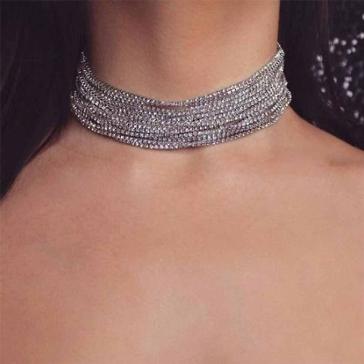 YERTTER Women Waterfall Rhinestone Chain Multilayered Chain Full Crystal Tight Sparkly Choker for Party Prom Vacation (Silver)