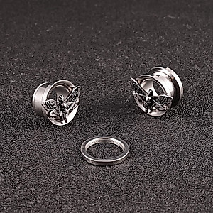 Maxbott 2 PCS Stainless Steel Skull Butterfly Plugs and Tunnels Ear Gauge Stretcher Plug Jewelry Piercing Expander Gauges 8mm-19mm (10mm(00G), Silver)