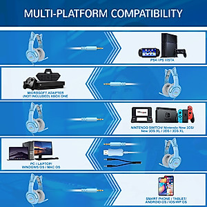SIMGAL Blue Gaming Headset with Removable Cat Ears, Compatible with PC PS4 PS5 Xbox One(Adapter Not Included) Mobile Phones, with Surround Sound, RGB Backlight & Retractable Microphone