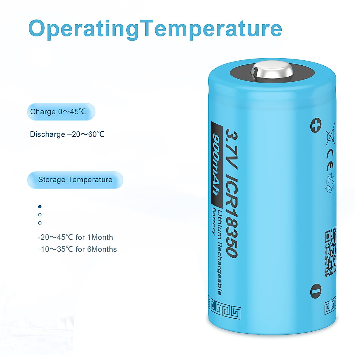 18350 3.7V 900mAh Rechargeable Battery with Button top Battery 2 Pack