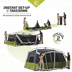 CORE 10 Person Instant Cabin Tent | 2 Room Huge Tent with Screen Room for Family with Storage Pockets for Camping Accessories | Portable Large Pop Up Tent for 2 Minute Camp Setup