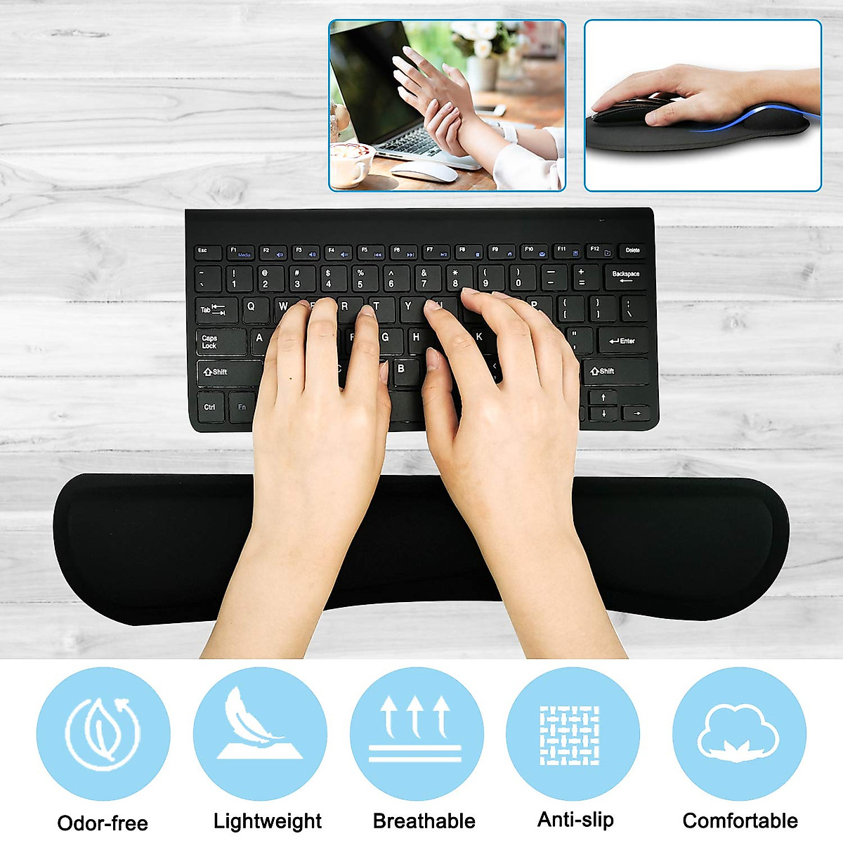 Keyboard Wrist Rest Mouse Pad Wrist Support Pads for Keyboard and Mouse, Ergonomic Memory Foam Wrist Pad for Pain Relief and Easy Typing, Arm Rest for Home & Office Laptop Computer, Black