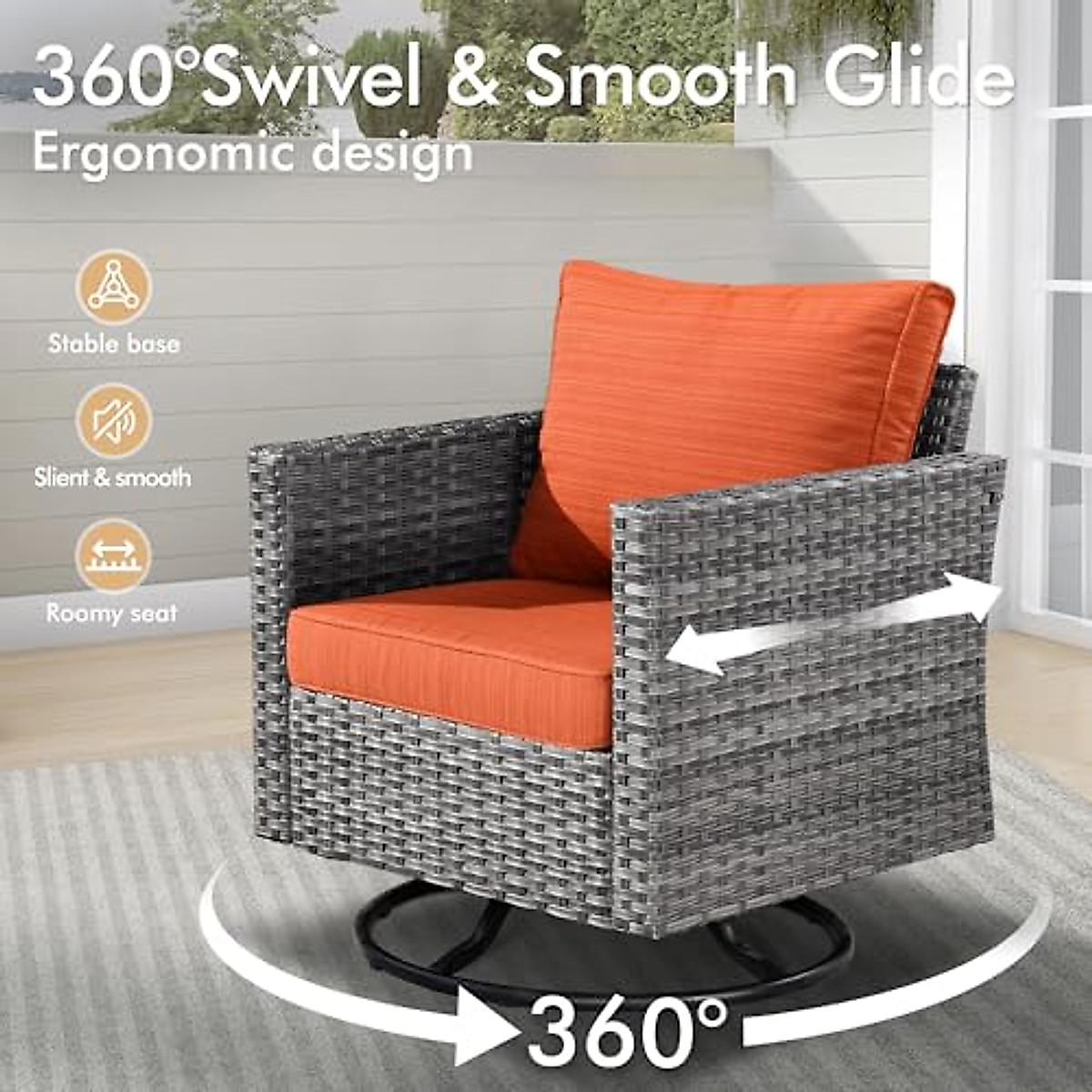 XIZZI Patio Furniture Set Outdoor All Weather Wicker 7 Pieces Conversation Sofa with High Back Swivel Rocking Chairs Matching Side Table,Ottomans and Coffee Table,Brown Wicker Orange Red