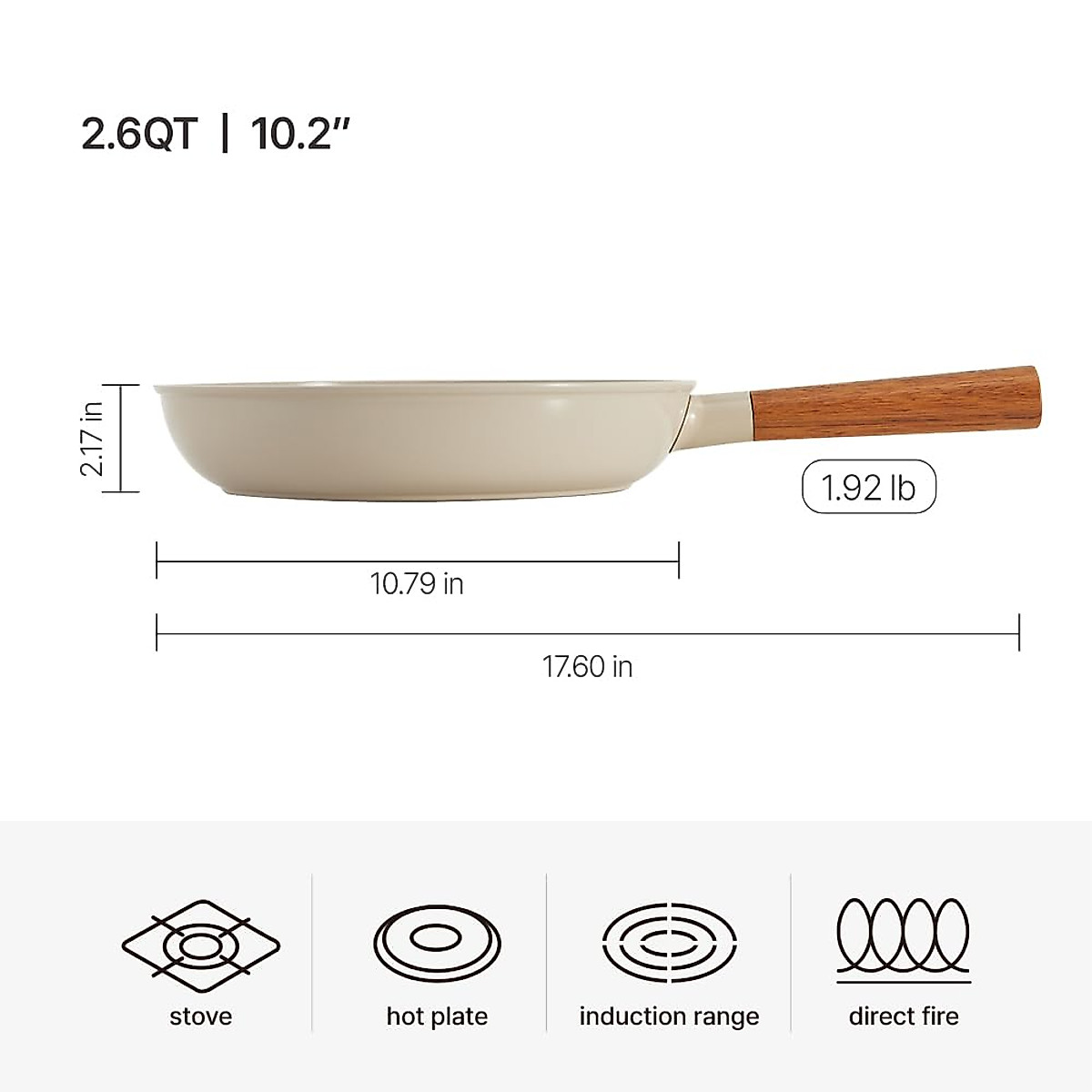 dogado Organic Frying Pan & Pot with Wood Handle, Nonstick Ceramic Cookware, Multipurpose Skillet, Sand Beige (Frying Pan)